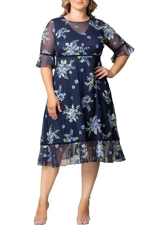 KIYONNA Wildflower Embroidered Fit-and-flare Dress - Glistening Blue Blooms