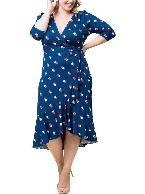 KIYONNA Flirty Flounce Wrap Dress - Navy Dot Duo