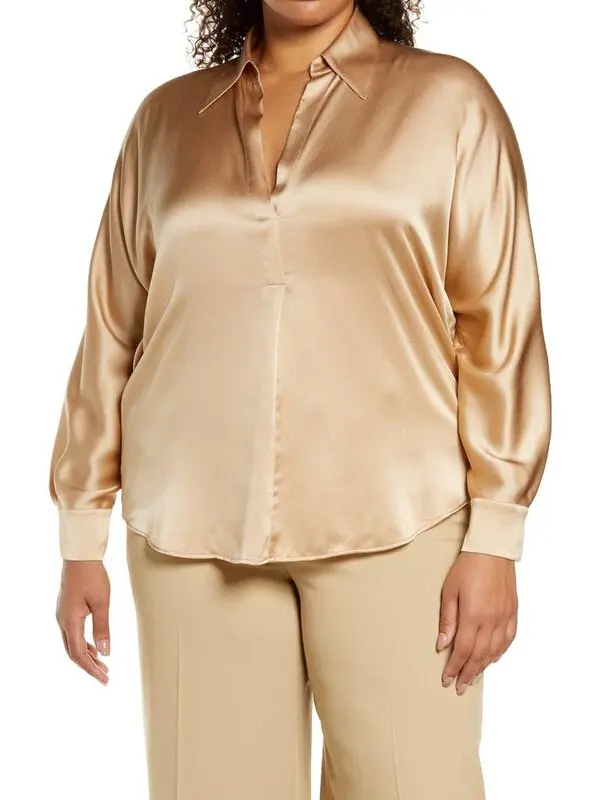 Vince Split Neck Collar Silk Blouse - Chamois