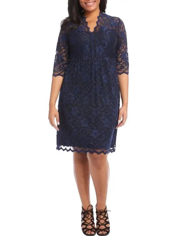 Karen Kane Scalloped Stretch Lace Dress - Navy