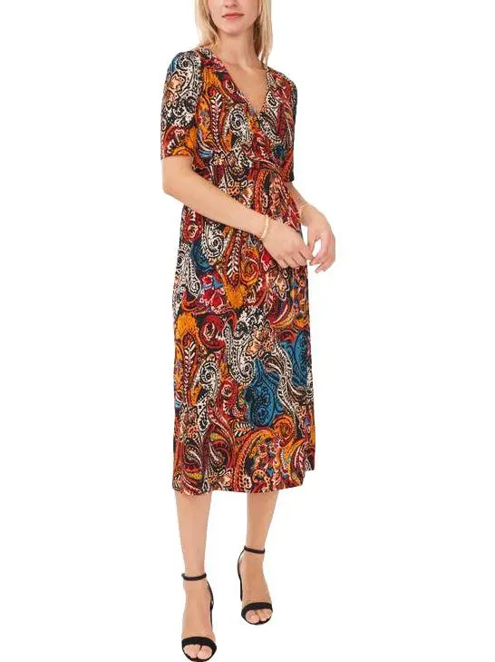 Chaus V-neck Faux Wrap Midi Dress - Black/teal/rust