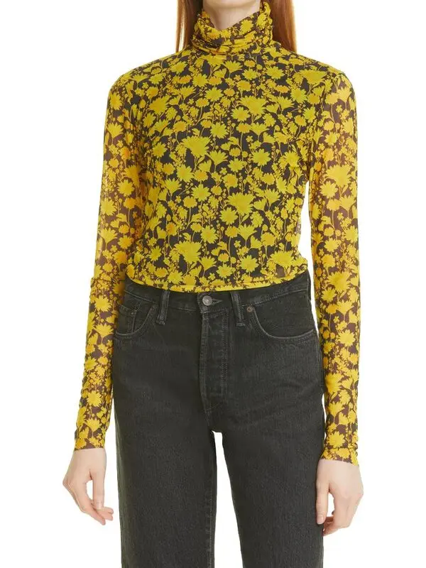 GANNI Floral Mesh Turtleneck Top - Spectra Yellow