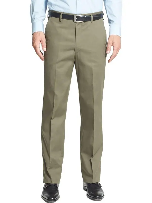 Berle Flat Front Classic Fit Cotton Dress Pants - Olive