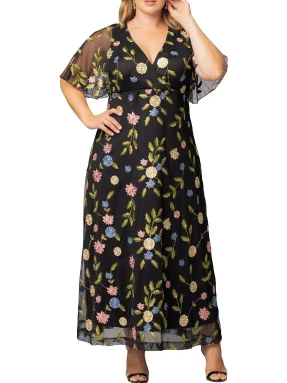 KIYONNA Embroidered Floral Gown - Black Blossom Print