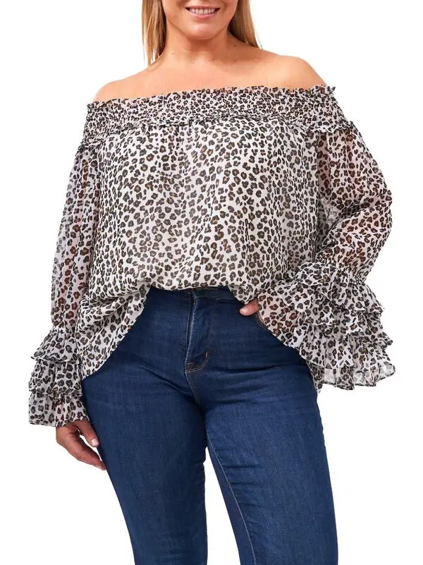 CECE DUPRAZ Print Off The Shoulder Chiffon Blouse - Soft Ecru