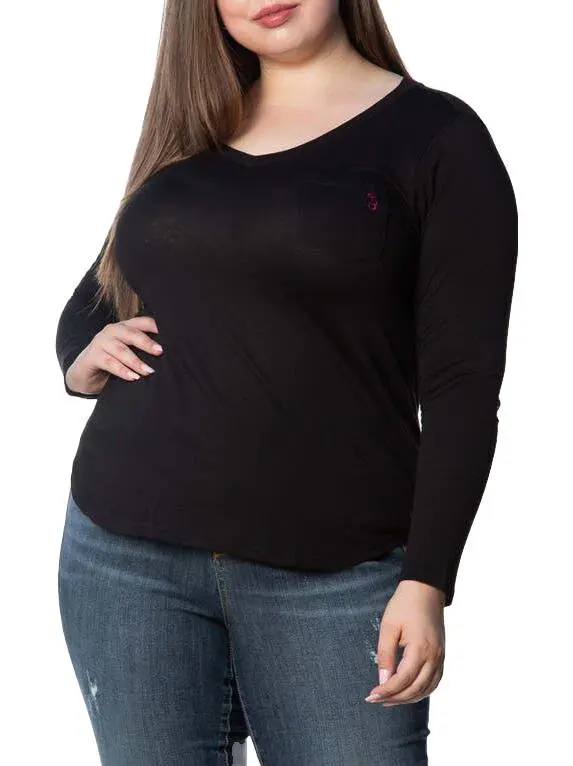 SLINK JEANS V-neck Long Sleeve Pocket T-shirt - Black