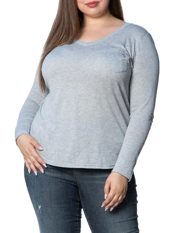 SLINK JEANS V-neck Long Sleeve Pocket T-shirt - Heather Grey
