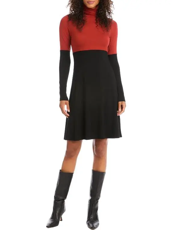 Karen Kane Color Block Turtleneck Jersey Dress - Black With Brick