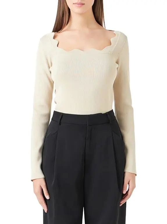 Endless Rose Scallop Square Neck Sweater - Taupe