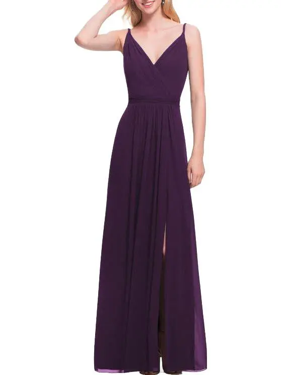 #LEVKOFF Designer Chiffon Gown With Surplice Neckline And A-line Silhouette - Plum
