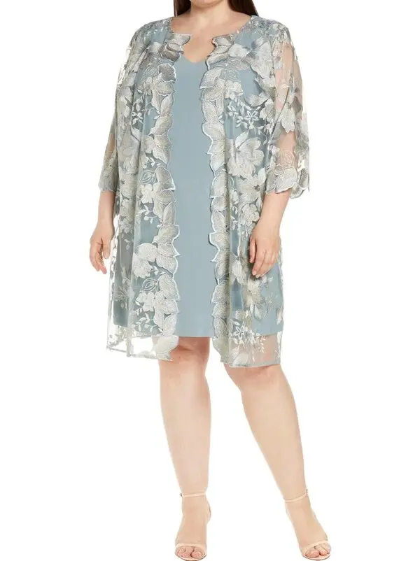 Alex Evenings Embroidered Lace Jacket Dress - Ice Sage