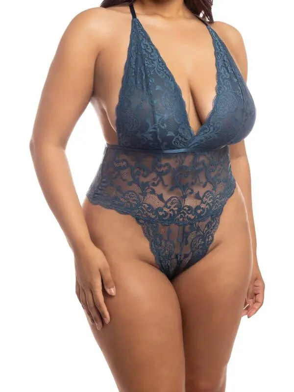 OH LA LA CHERI Jeana Plunge Lace Bodysuit - Reflecting Pond