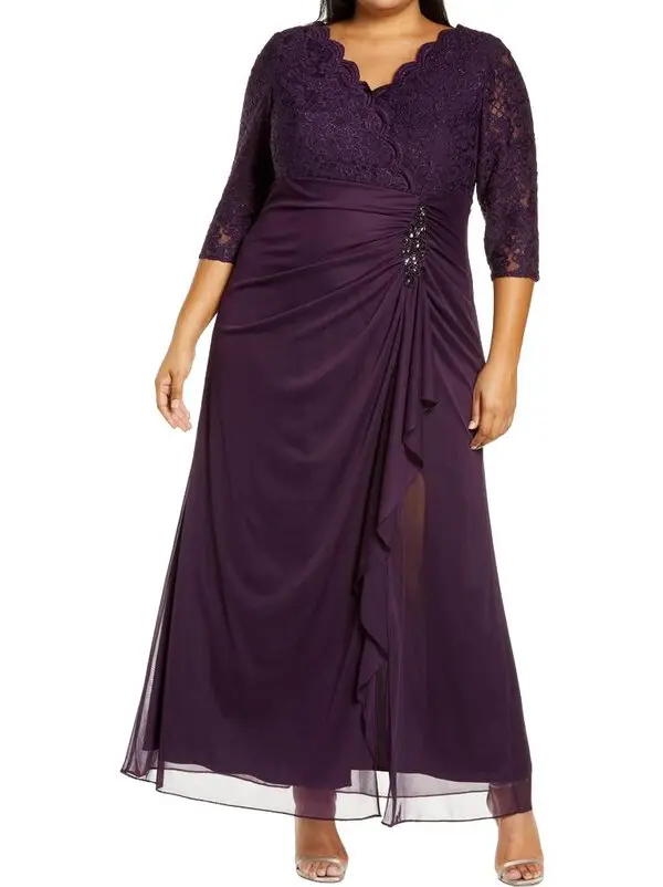 Alex Evenings Beaded Lace Bodice Empire Waist Gown - Eggplant