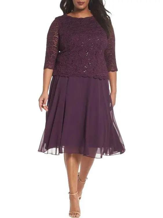 Alex Evenings Mock Two-piece Midi Dress - Deep Plum