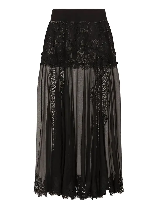 Dolce & Gabbana Chantilly Lace Chiffon Midi Skirt - Black
