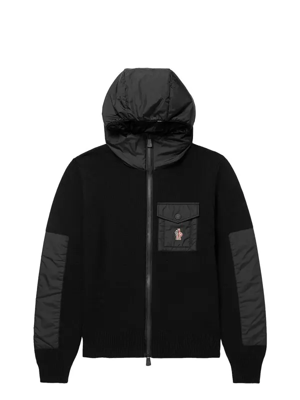 Moncler Logo-appliquéd Shell-trimmed Wool-blend Zip-up Hoodie - Black
