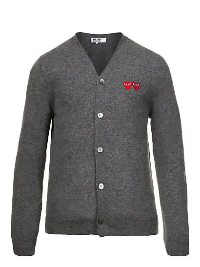 Play Comme Des Garcon Logo-embroidered V-neck Wool Cardigan - Grey