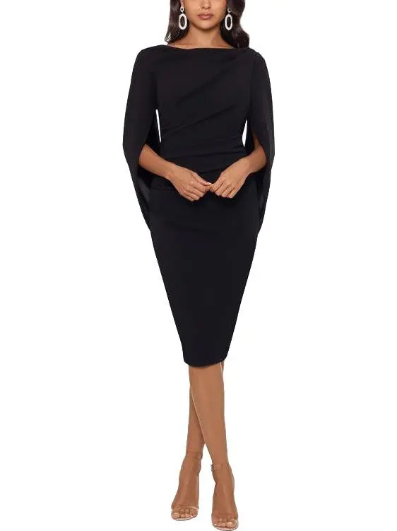 Betsy & Adam Cape Sleeve Crepe Sheath Dress - Black