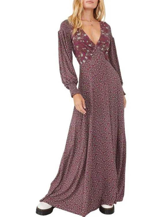 Free People Love Story Long Sleeve Maxi Dress - Raisin Combo