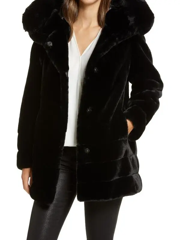 Gallery Hooded Faux Fur Coat - Black