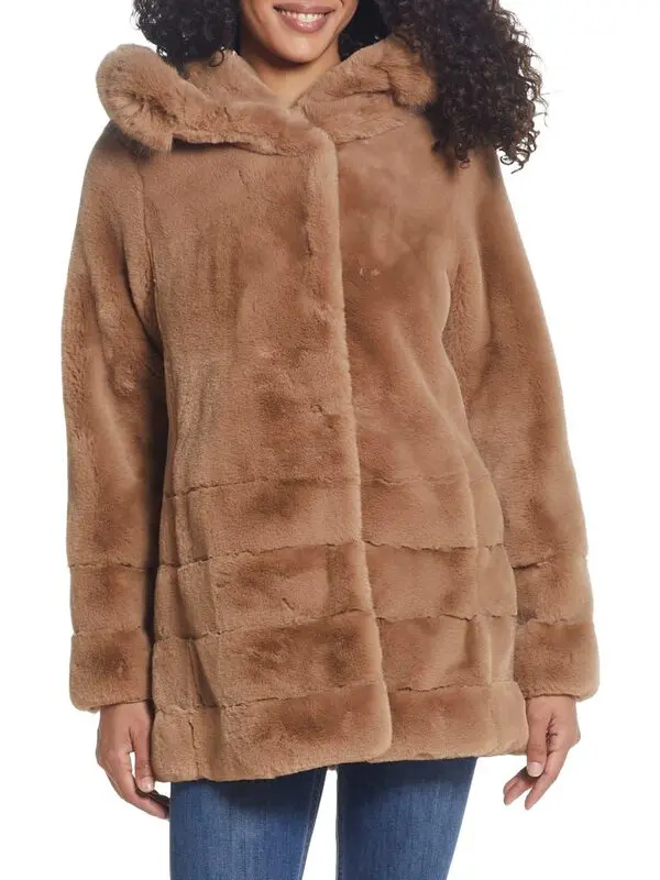 Gallery Hooded Faux Fur Coat - Camel