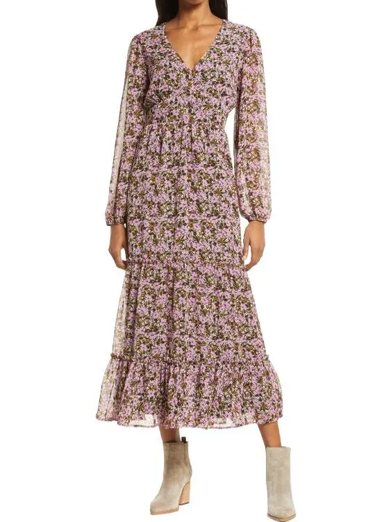 LOST + WANDER Floral Long Sleeve Midi Dress - Purple