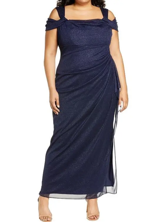 Alex Evenings Cold Shoulder Glitter Column Gown - Dark Navy