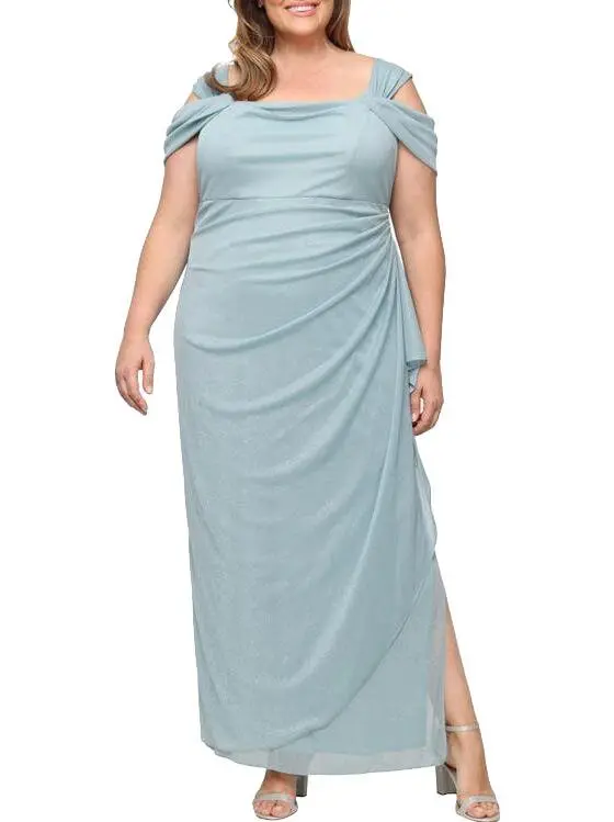 Alex Evenings Cold Shoulder Glitter Column Gown - Ice Sage