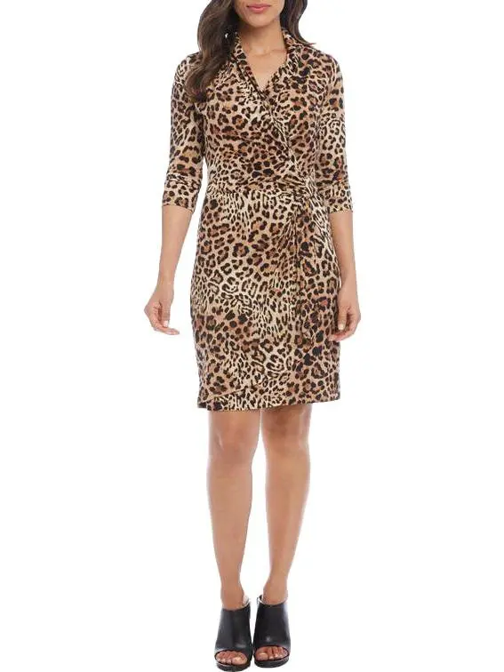 Karen Kane Long Sleeve Print Faux Wrap Dress - Leopard
