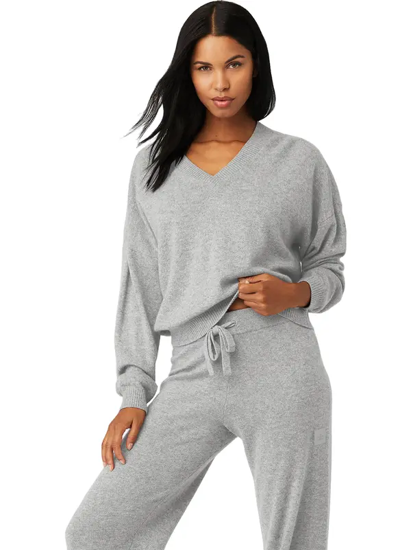 Alo Yoga Cashmere V-neck Pullover Top - Dove Grey Heather