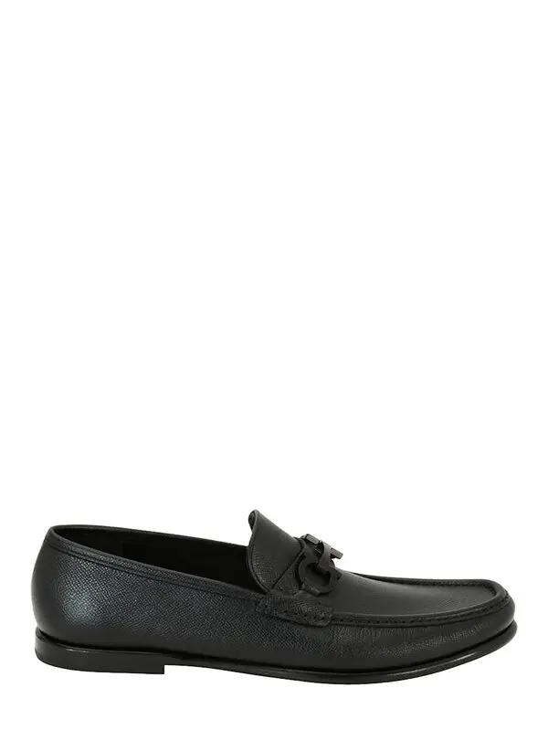 FERRAGAMO Crown Textured Leather Gancini Moccasin Loafers - Black