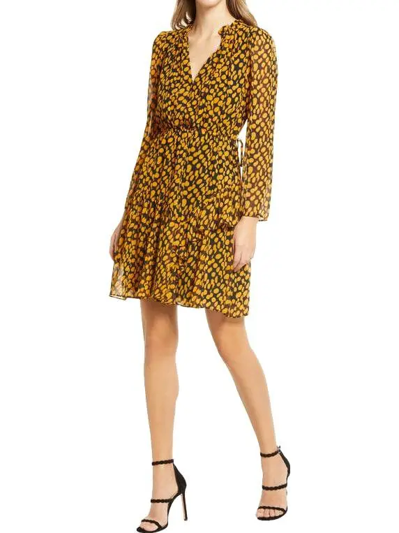 Sam Edelman Ruffled Long Sleeve Printed Dress - Golden Dot