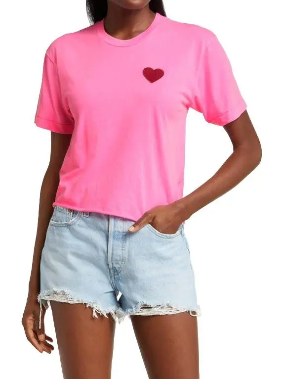 Aviator Nation Heart Embroidered T-shirt - Neon Pink