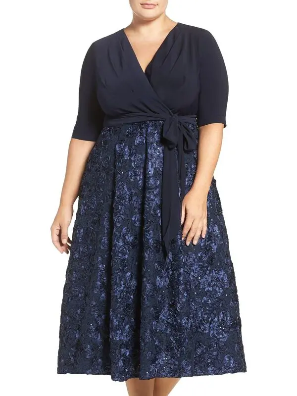 Alex Evenings Tea Length Rosette Lace Dress - Navy