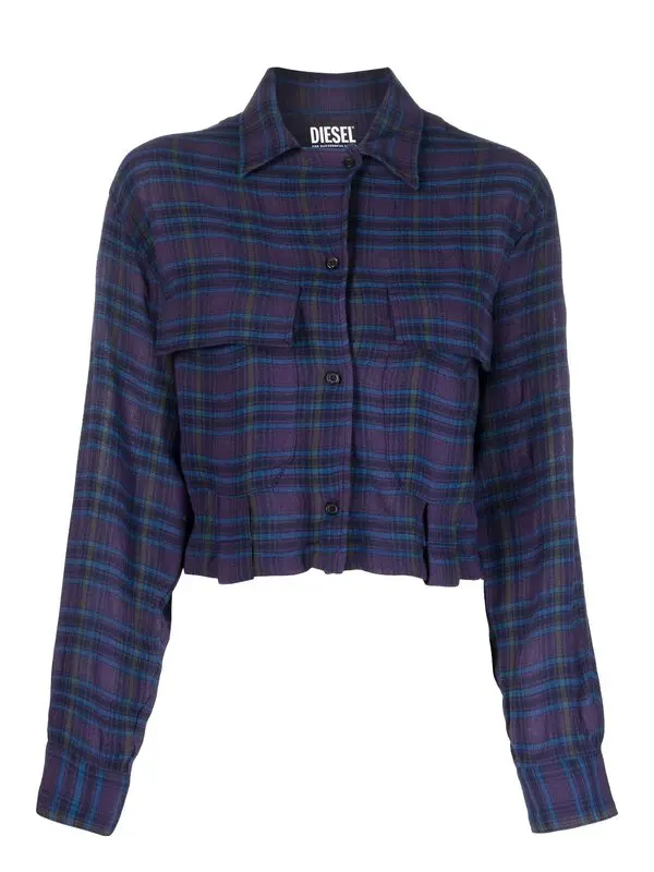 DIESEL® Check-print Wool-blend Cropped Shirt - Blue