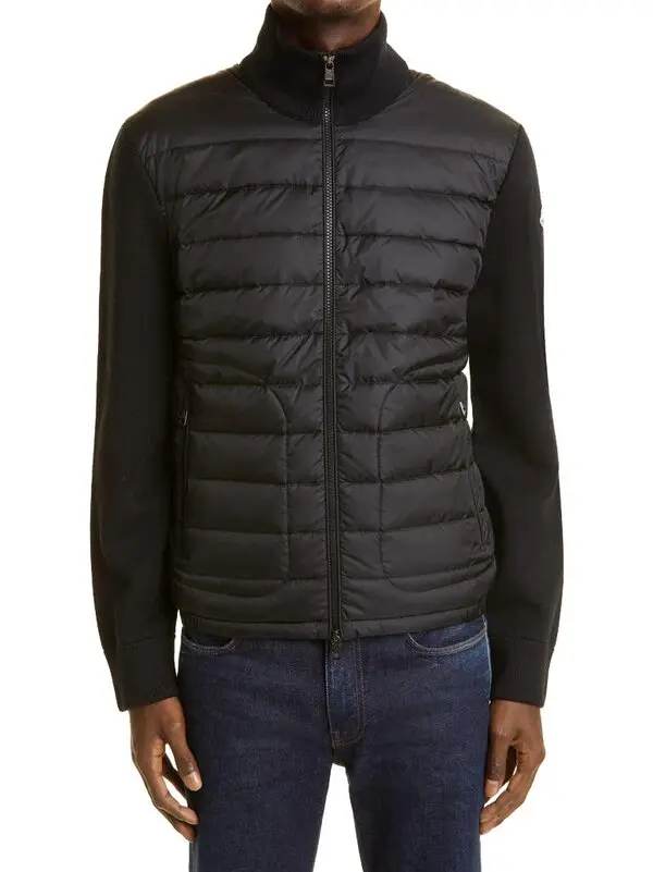 Moncler Quilted Down And Knit Cardigan - Black