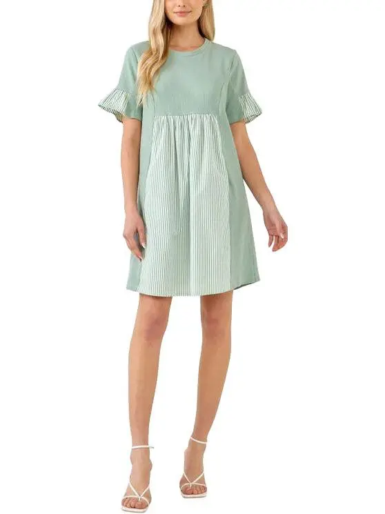 English Factory Stripe Knit A-line Dress - Sage