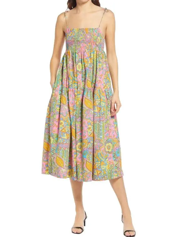 S/W/F Floral Print A-line Cotton Dress - Hacienda