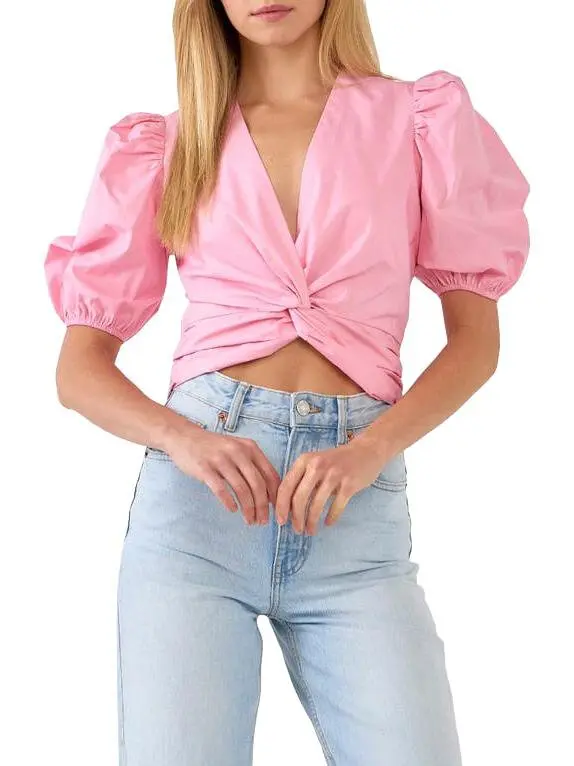 English Factory Puff Sleeve Crop Top - Pink