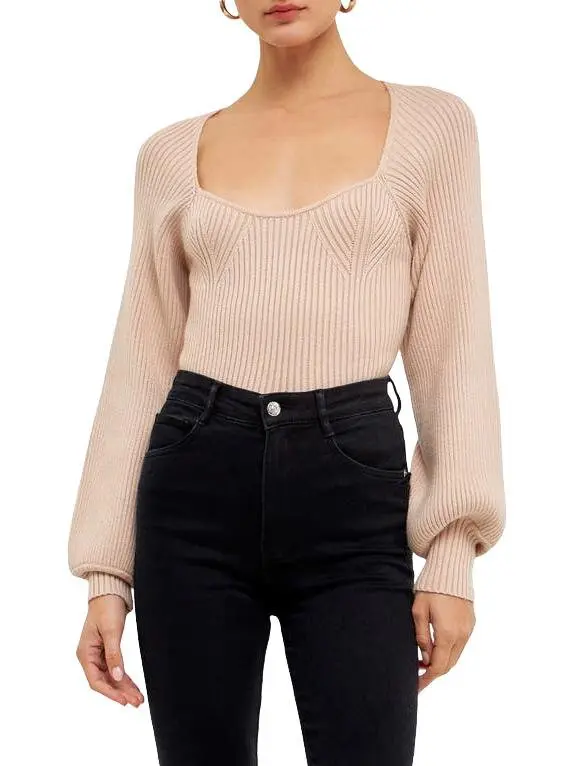 Endless Rose Ribbed Bishop Sleeve Top - Beige