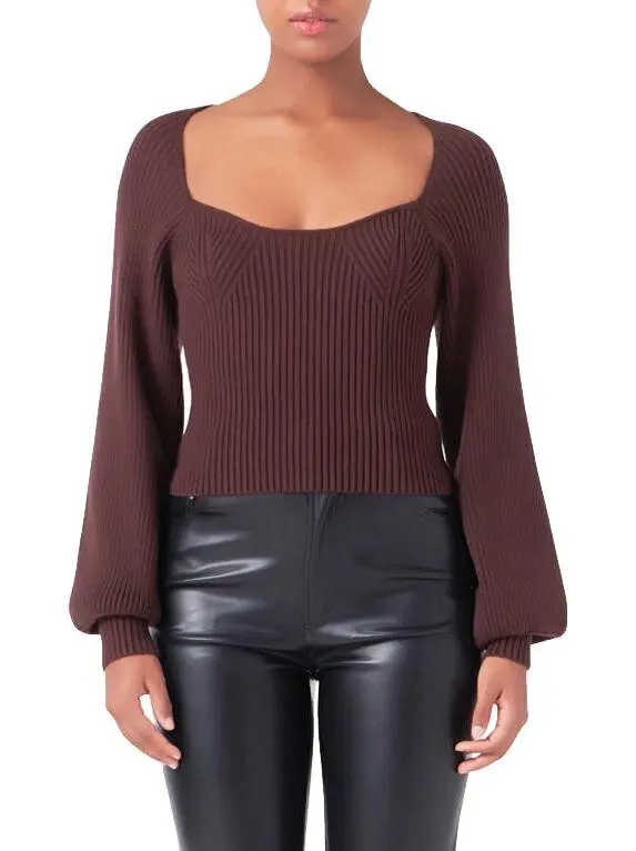 Endless Rose Ribbed Bishop Sleeve Top - Chocolate