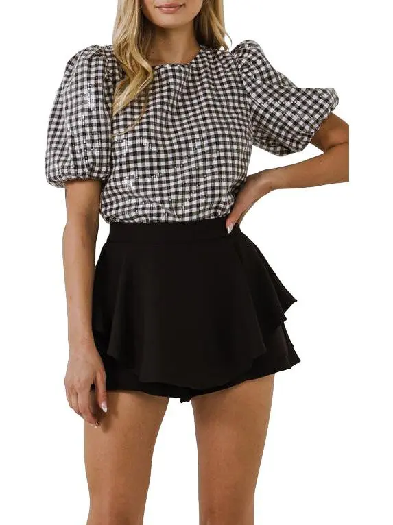 English Factory Sequin Gingham Top - Black/white