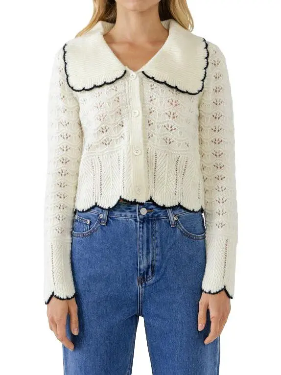 Endless Rose Scallop Pointelle Cardigan - White