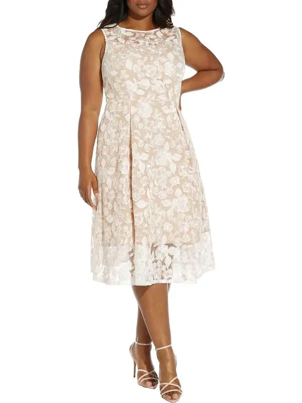 Adrianna Papell Embroidered Fit & Flare Dress - Ivory/bisque