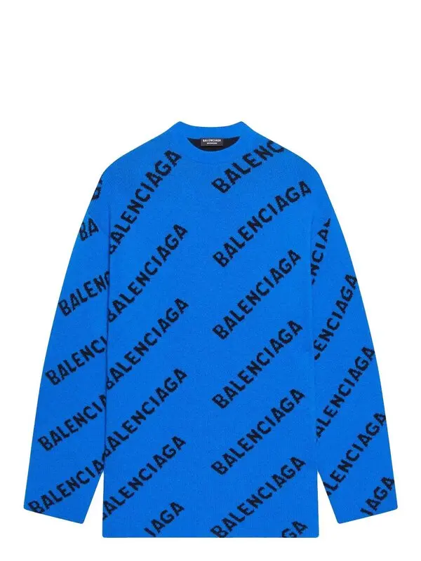 Balenciaga All Over Logo Wool Jumper - Blue