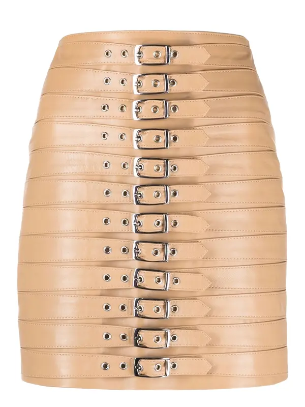 MANOKHI High-waisted Buckled Leather Mini Skirt - Brown