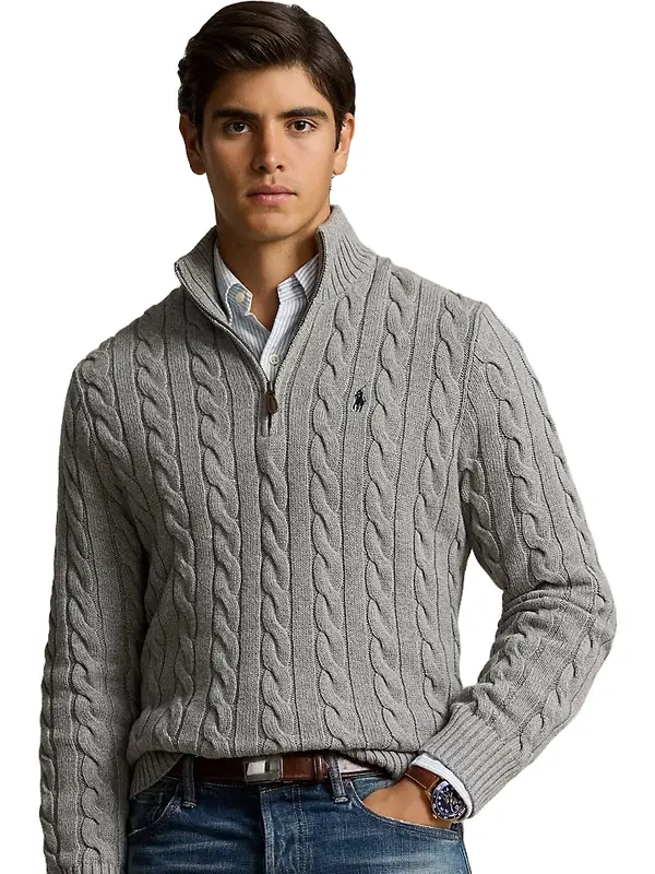Ralph Lauren Cable-knit Quarter-zip Cotton Sweater - Fawn Grey Heather