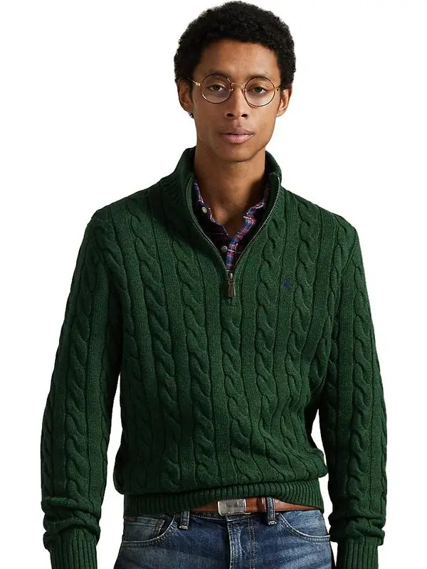 Ralph Lauren Cable-knit Quarter-zip Cotton Sweater - Scotch Pine Heather