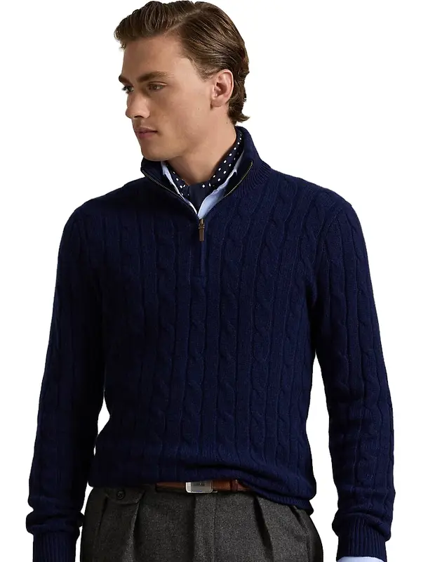 Ralph Lauren Cable-knit Cashmere Quarter-zip Sweater - Bright Navy