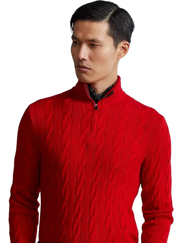 Ralph Lauren Cable-knit Cashmere Quarter-zip Sweater - Classic Red